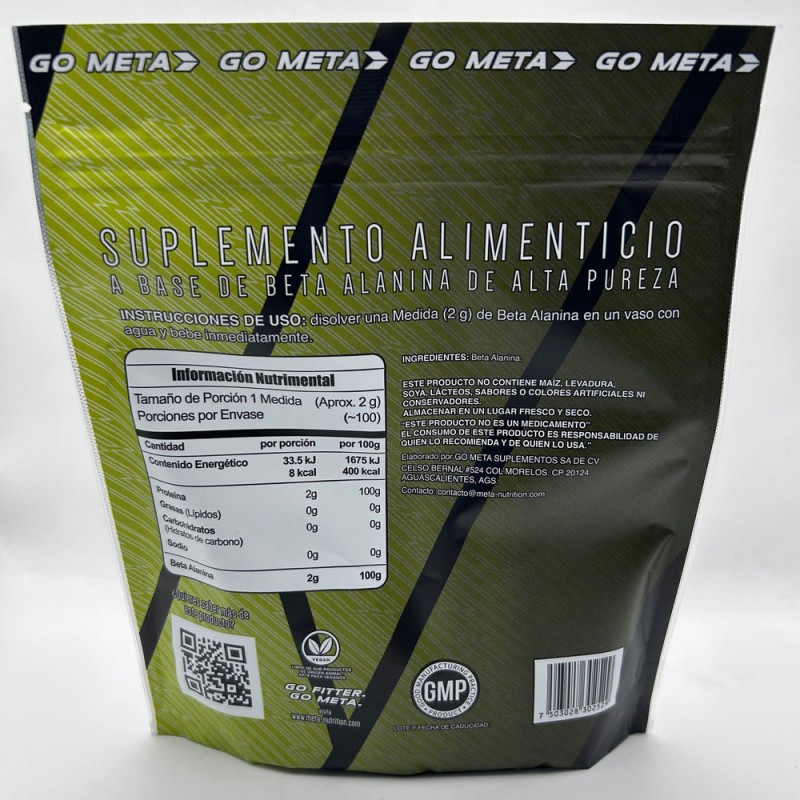 BETA ALANINE 200 GR. 100 SERV META NUTRITION - SuplementosMonterrey